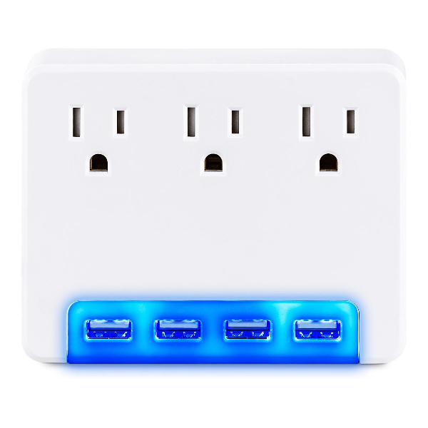 AC Outlet Adapter with 3 AC 125 Outlets & 4 USB Ports